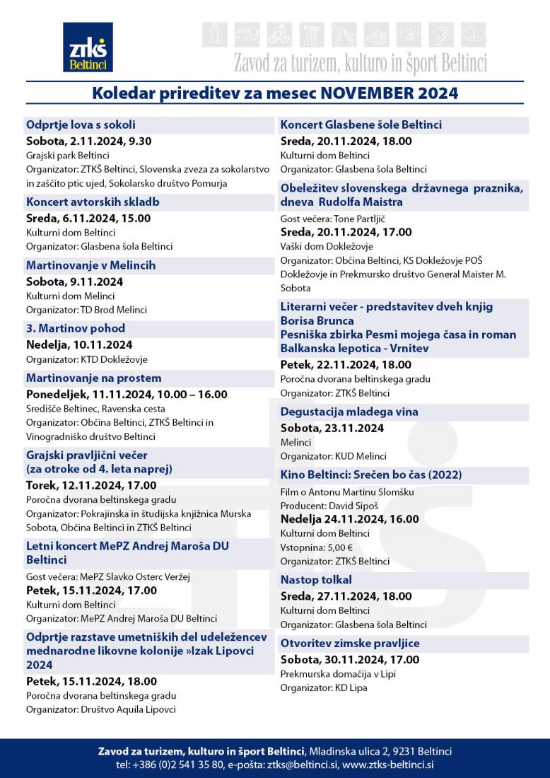 KOLEDAR PRIREDITEV - MESECA NOVEMBER in DECEMBER 2024 - beltinci.si